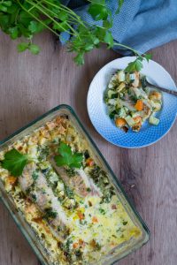 Fiskefad med sej, grønt og en citrus-hvidvins-flødesauce